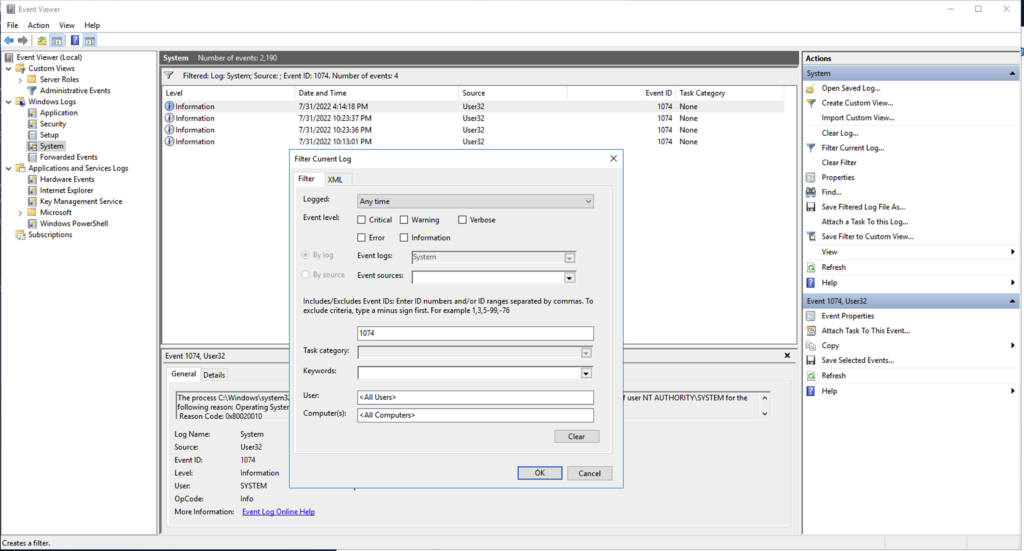 Logging who - what restarted Windows Server - EddiesNotes.com